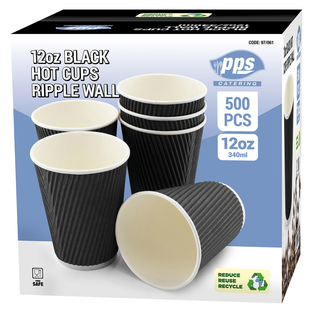 PPS Catering Black Hot Cups Ripple Wall 12oz / 340ml | No Lids