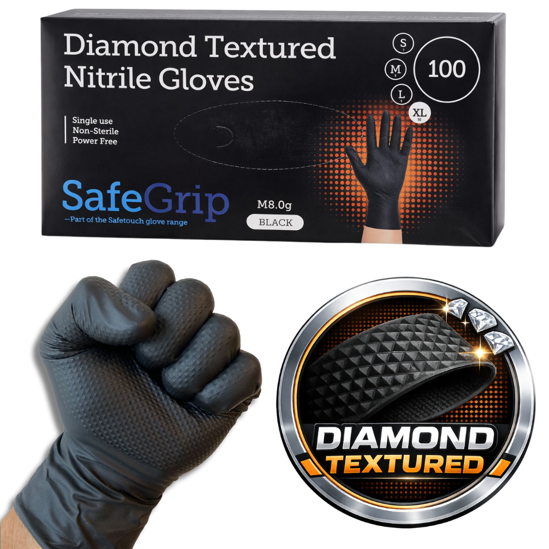 SafeGrip Diamond Grip Heavy Duty 8g Black Nitrile Gloves (100 Pack)